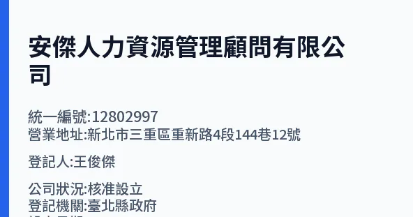 安傑人力資源管理顧問有限公司的照片-統編 12802997(新北市) 公司登記資料與營業項目詳細圖表
