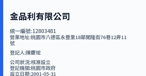 金品利有限公司的照片-統編 12803481(桃園市) 公司登記資料與營業項目詳細圖表