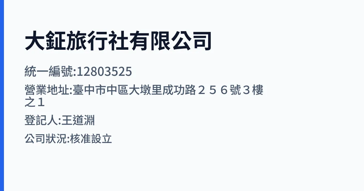 大鉦旅行社有限公司 - 統編 12803525(臺中市) 公司登記資料與營業項目詳細圖表
