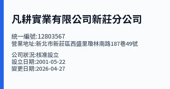 凡耕實業有限公司新莊分公司的照片-統編 12803567(新北市) 公司登記資料與營業項目詳細圖表