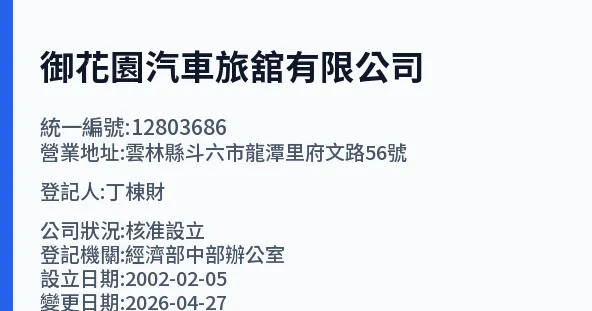 御花園汽車旅舘有限公司的照片-統編 12803686(雲林縣) 公司登記資料與營業項目詳細圖表
