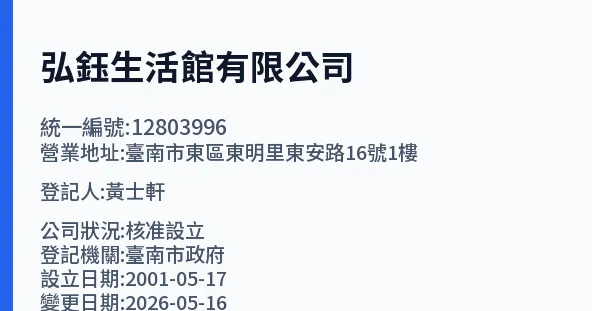 弘鈺生活館有限公司的照片-統編 12803996(臺南市) 公司登記資料與營業項目詳細圖表