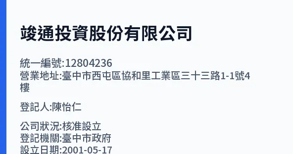 竣通投資股份有限公司的照片-統編 12804236(臺中市) 公司登記資料與營業項目詳細圖表