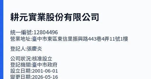 耕元實業股份有限公司的照片-統編 12804496(臺中市) 公司登記資料與營業項目詳細圖表