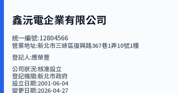 鑫沅電企業有限公司的照片-統編 12804566(新北市) 公司登記資料與營業項目詳細圖表