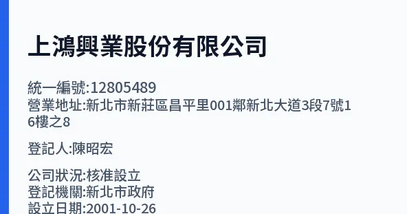上鴻興業股份有限公司的照片-統編 12805489(新北市) 公司登記資料與營業項目詳細圖表