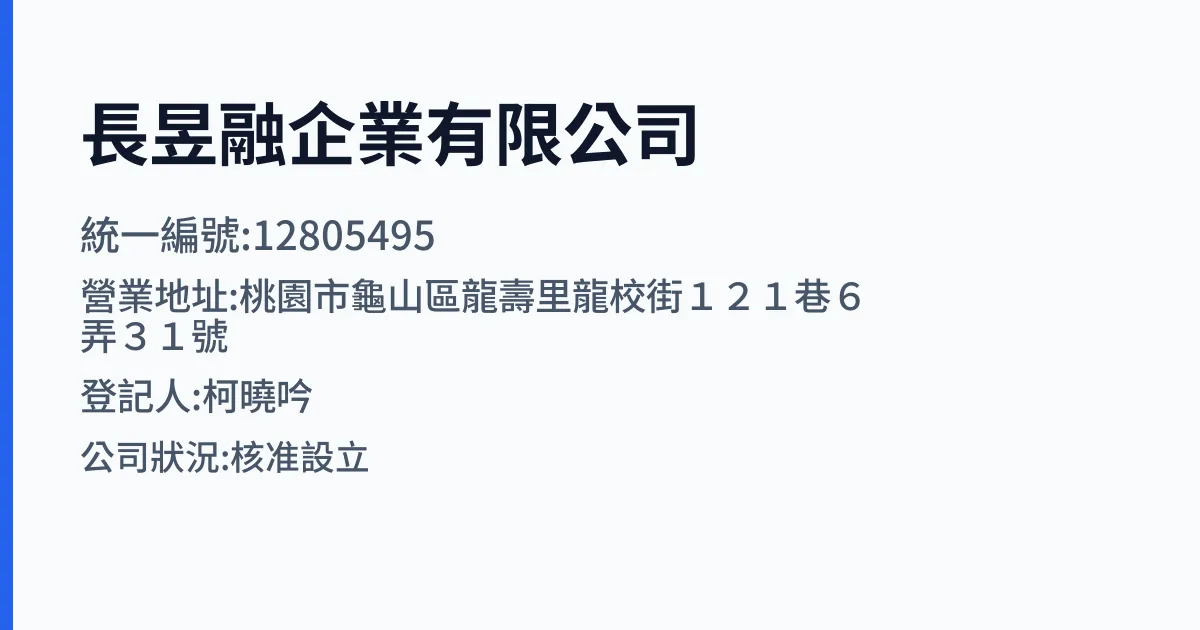 長昱融企業有限公司 - 統編 12805495(桃園市) 公司登記資料與營業項目詳細圖表