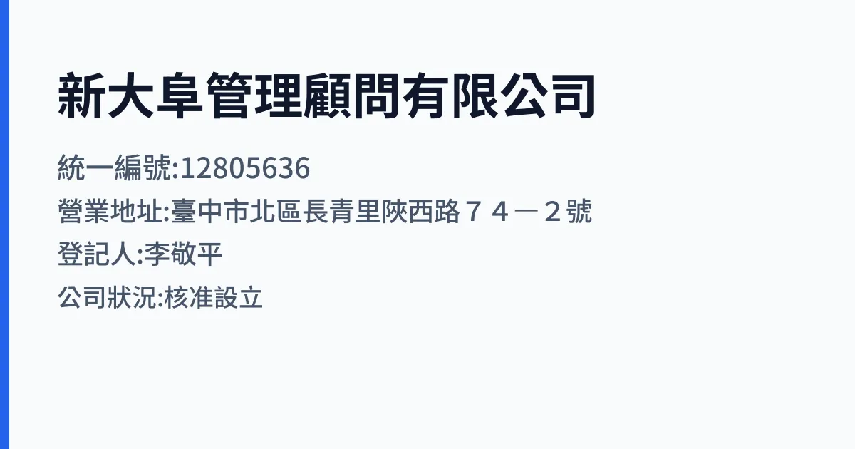 新大阜管理顧問有限公司 - 統編 12805636(臺中市) 公司登記資料與營業項目詳細圖表