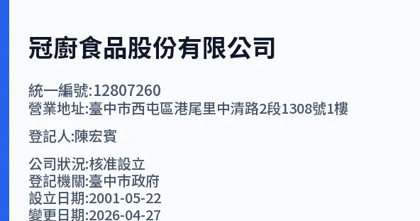 冠廚食品股份有限公司的照片-統編 12807260(臺中市) 公司登記資料與營業項目詳細圖表