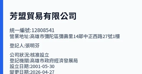 芳盟貿易有限公司的照片-統編 12808541(高雄市) 公司登記資料與營業項目詳細圖表