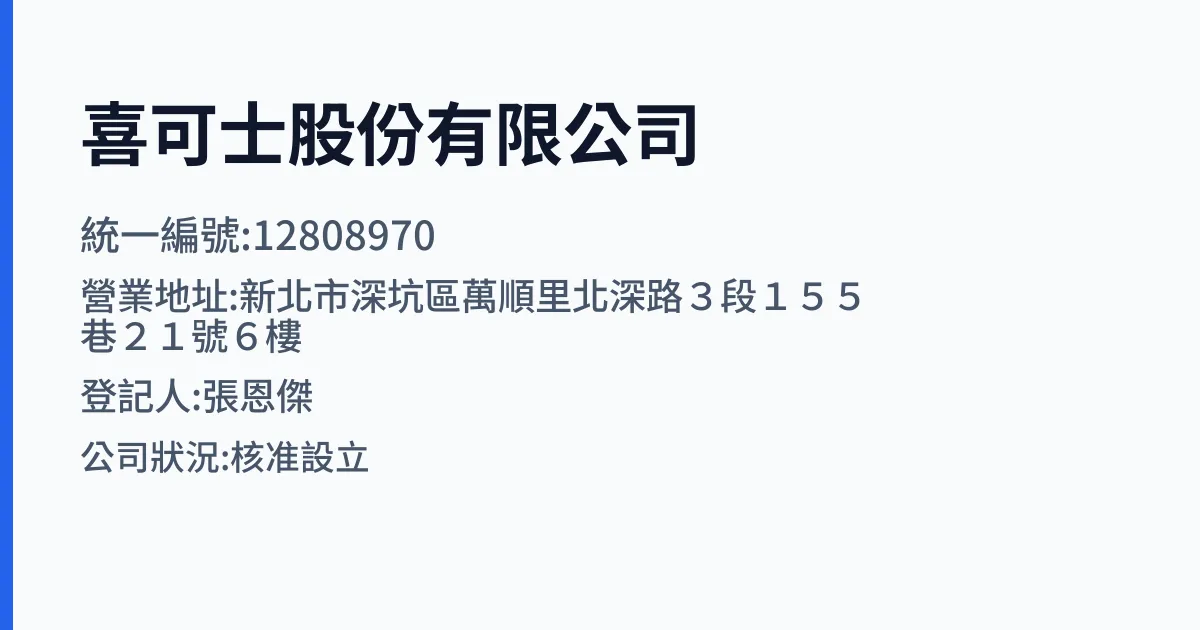 喜可士股份有限公司 - 統編 12808970(新北市) 公司登記資料與營業項目詳細圖表