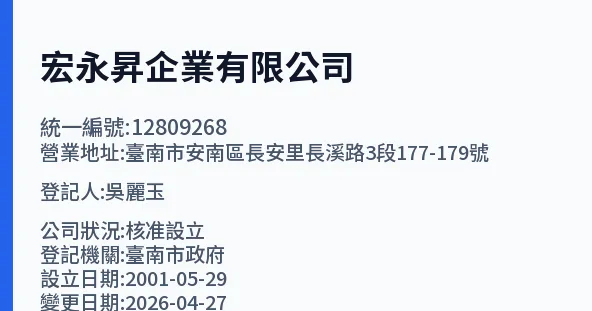 宏永昇企業有限公司的照片-統編 12809268(臺南市) 公司登記資料與營業項目詳細圖表
