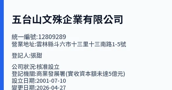 五台山文殊企業有限公司的照片-統編 12809289(雲林縣) 公司登記資料與營業項目詳細圖表