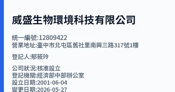威盛生物環境科技有限公司的照片-統編 12809422(臺中市) 公司登記資料與營業項目詳細圖表