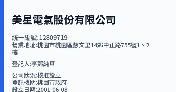 美星電氣股份有限公司的照片-統編 12809719(桃園市) 公司登記資料與營業項目詳細圖表