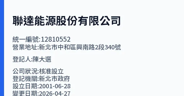 聯達能源股份有限公司的照片-統編 12810552(新北市) 公司登記資料與營業項目詳細圖表