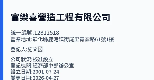 富樂喜營造工程有限公司的照片-統編 12812518(彰化縣) 公司登記資料與營業項目詳細圖表