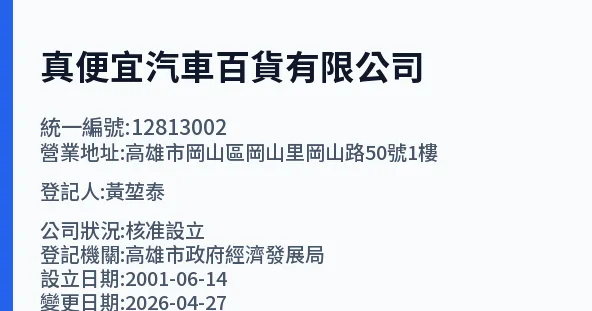 真便宜汽車百貨有限公司的照片-統編 12813002(高雄市) 公司登記資料與營業項目詳細圖表