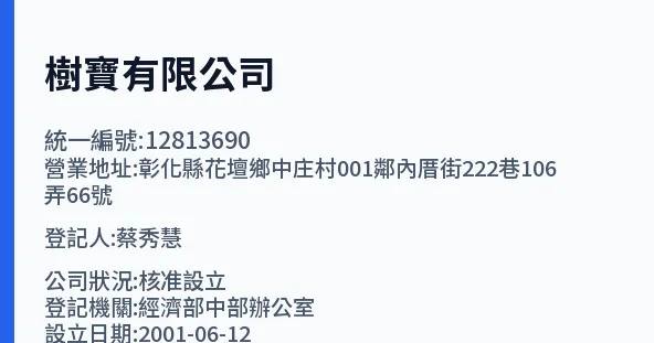 樹寶有限公司的照片-統編 12813690(彰化縣) 公司登記資料與營業項目詳細圖表