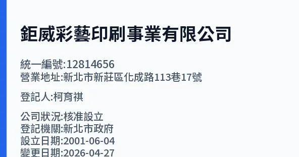 鉅威彩藝印刷事業有限公司的照片-統編 12814656(新北市) 公司登記資料與營業項目詳細圖表