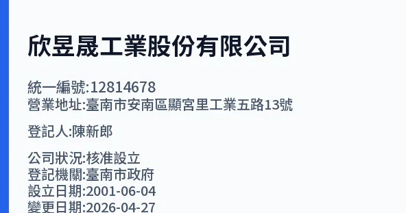 欣昱晟工業股份有限公司的照片-統編 12814678(臺南市) 公司登記資料與營業項目詳細圖表