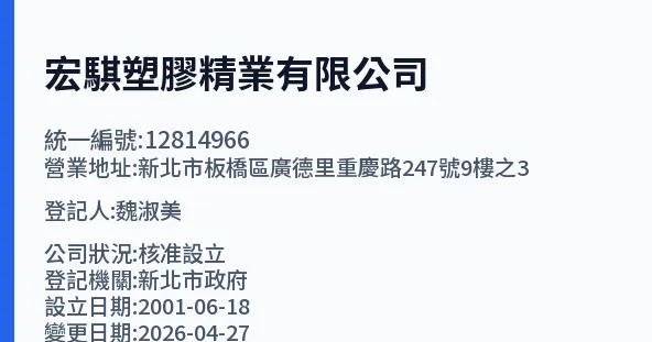 宏騏塑膠精業有限公司的照片-統編 12814966(新北市) 公司登記資料與營業項目詳細圖表
