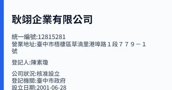 耿翊企業有限公司的照片-統編 12815281(臺中市) 公司登記資料與營業項目詳細圖表