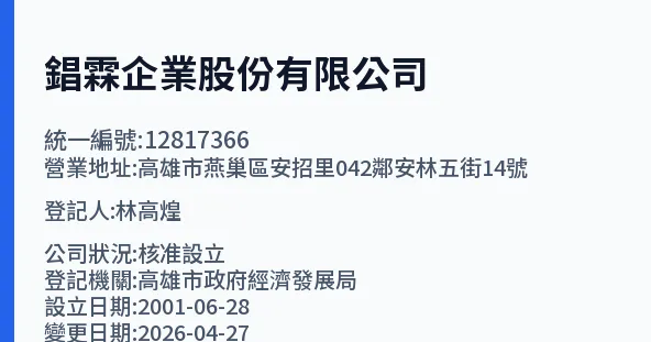 錩霖企業股份有限公司的照片-統編 12817366(高雄市) 公司登記資料與營業項目詳細圖表