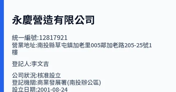 永慶營造有限公司的照片-統編 12817921(南投縣) 公司登記資料與營業項目詳細圖表