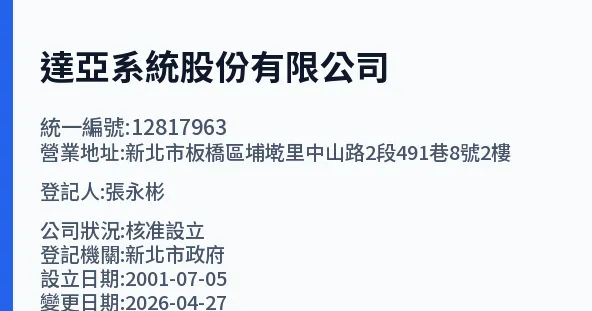 達亞系統股份有限公司的照片-統編 12817963(新北市) 公司登記資料與營業項目詳細圖表