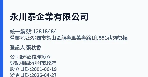 永川泰企業有限公司的照片-統編 12818484(桃園市) 公司登記資料與營業項目詳細圖表