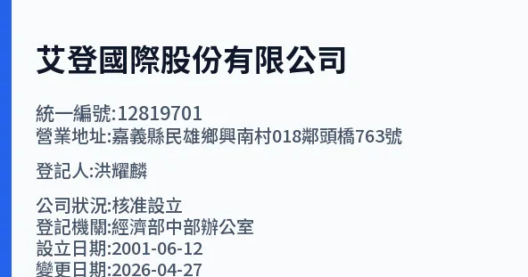 艾登國際股份有限公司的照片-統編 12819701(嘉義縣) 公司登記資料與營業項目詳細圖表