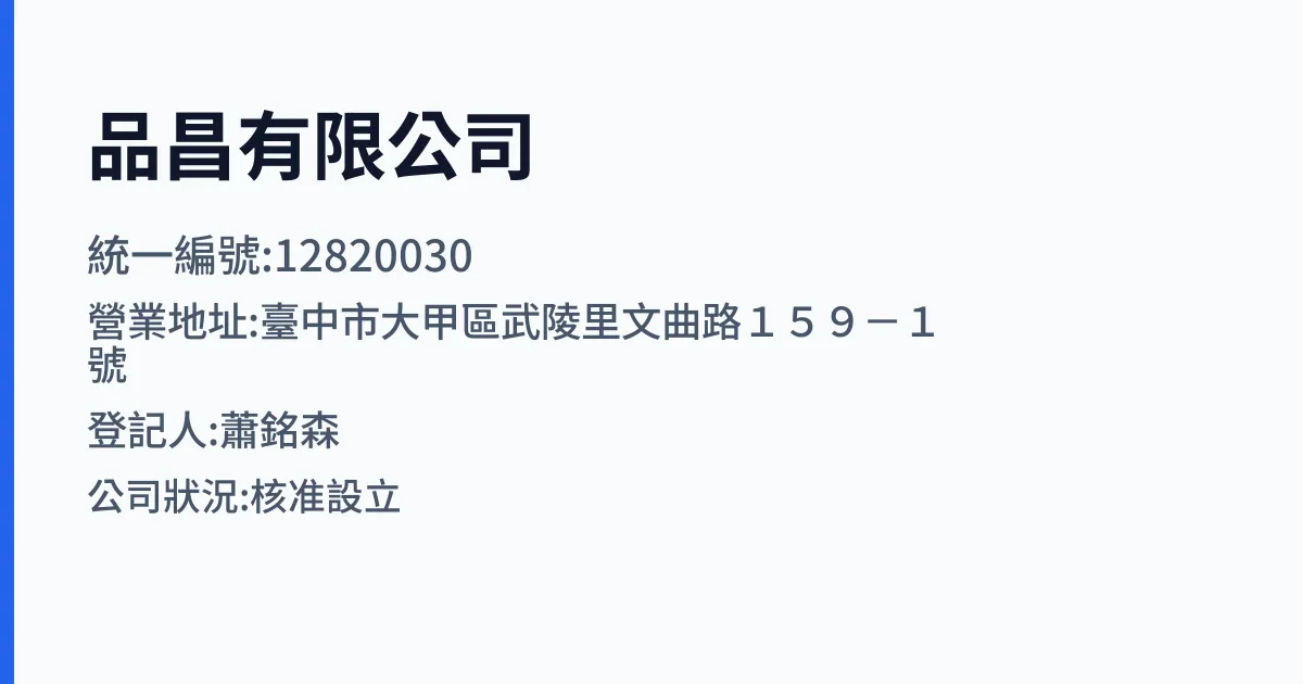 品昌有限公司 - 統編 12820030(臺中市) 公司登記資料與營業項目詳細圖表