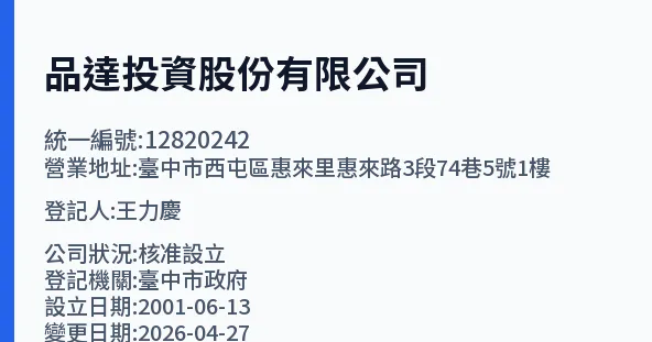品達投資股份有限公司的照片-統編 12820242(臺中市) 公司登記資料與營業項目詳細圖表