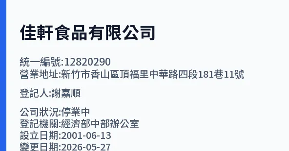佳軒食品有限公司的照片-統編 12820290(新竹市) 公司登記資料與營業項目詳細圖表