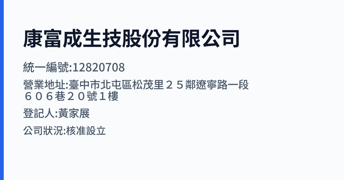 康富成生技股份有限公司 - 統編 12820708(臺中市) 公司登記資料與營業項目詳細圖表
