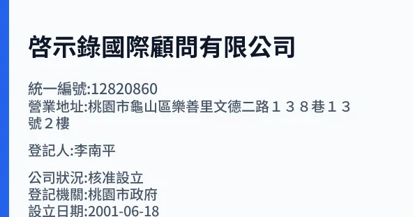 啓示錄國際顧問有限公司的照片-統編 12820860(桃園市) 公司登記資料與營業項目詳細圖表
