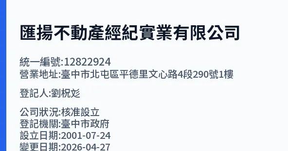匯揚不動產經紀實業有限公司的照片-統編 12822924(臺中市) 公司登記資料與營業項目詳細圖表