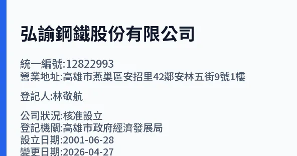 弘諭鋼鐵股份有限公司的照片-統編 12822993(高雄市) 公司登記資料與營業項目詳細圖表