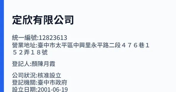 定欣有限公司的照片-統編 12823613(臺中市) 公司登記資料與營業項目詳細圖表