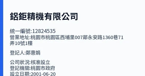 鋁鉅精機有限公司的照片-統編 12824535(桃園市) 公司登記資料與營業項目詳細圖表