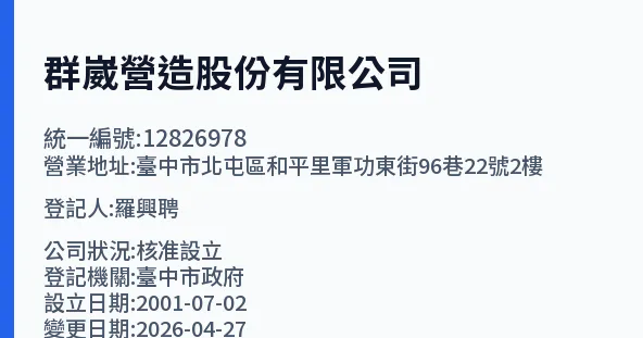 群崴營造股份有限公司的照片-統編 12826978(臺中市) 公司登記資料與營業項目詳細圖表
