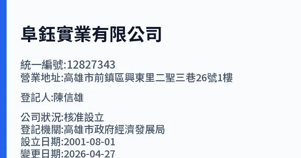 阜鈺實業有限公司的照片-統編 12827343(高雄市) 公司登記資料與營業項目詳細圖表