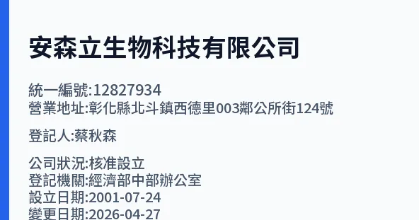 安森立生物科技有限公司的照片-統編 12827934(彰化縣) 公司登記資料與營業項目詳細圖表