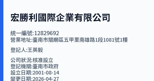 宏勝利國際企業有限公司的照片-統編 12829692(臺南市) 公司登記資料與營業項目詳細圖表