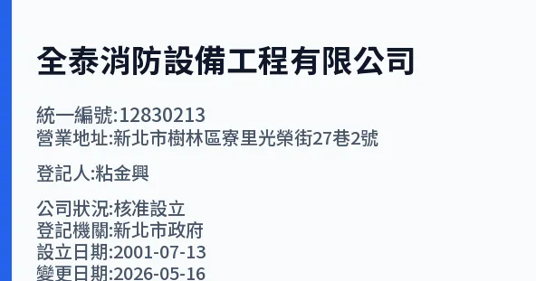 全泰消防設備工程有限公司的照片-統編 12830213(新北市) 公司登記資料與營業項目詳細圖表