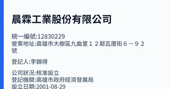 晨霖工業股份有限公司的照片-統編 12830229(高雄市) 公司登記資料與營業項目詳細圖表