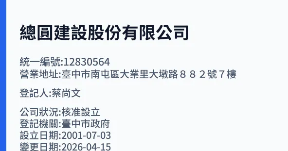 總圓建設股份有限公司的照片-統編 12830564(臺中市) 公司登記資料與營業項目詳細圖表