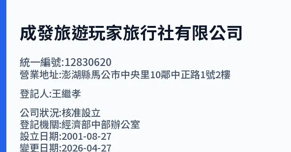 成發旅遊玩家旅行社有限公司的照片-統編 12830620(澎湖縣) 公司登記資料與營業項目詳細圖表