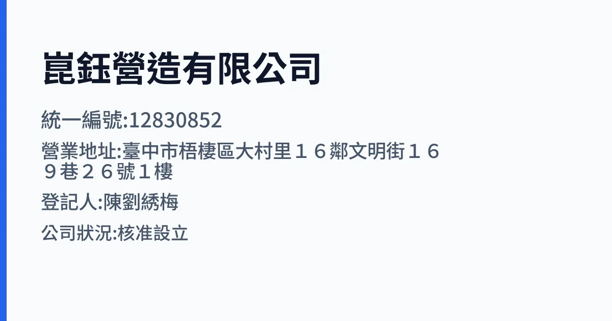 崑鈺營造有限公司 - 統編 12830852（臺中市） 公司登記資料與營業項目詳細圖表